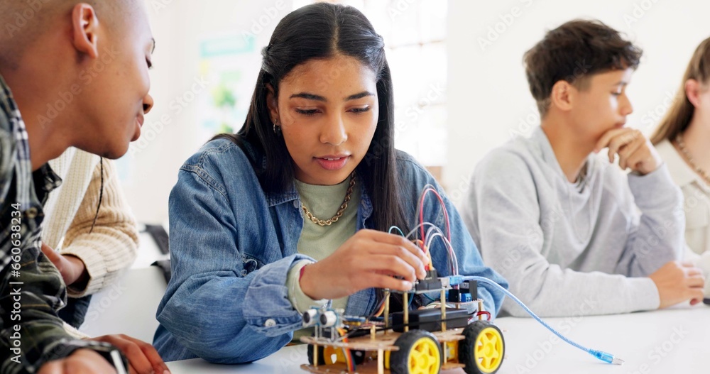 Technology, car robotics and students in classroom, education or ...