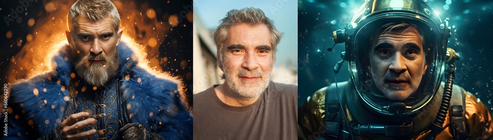 Generative AI examples collage. Photo image before and after artificial ...