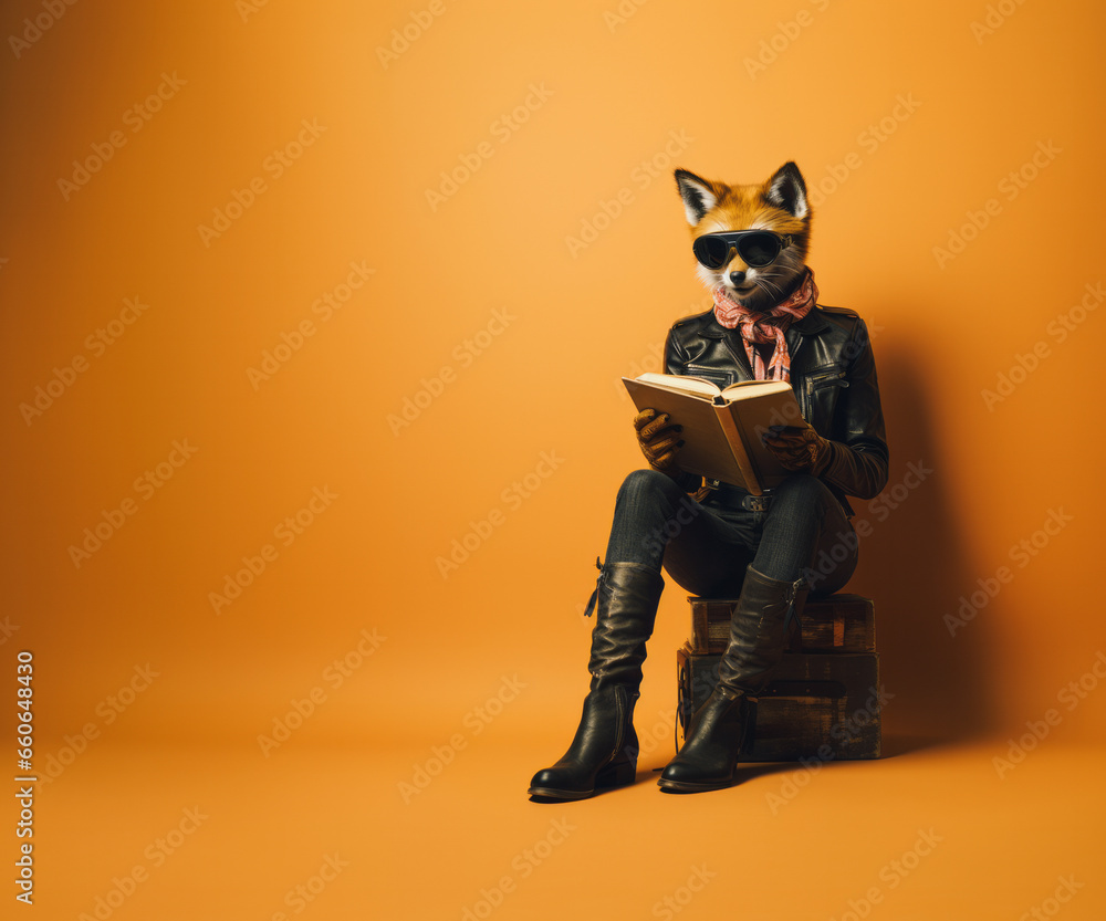Teacher in a punk rock style with a fox head sits on a pile of books ...