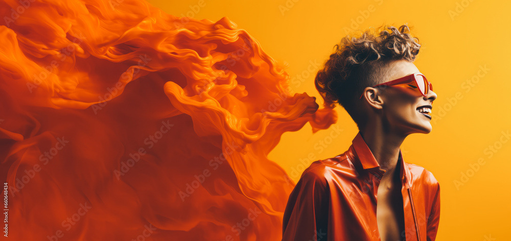 Short-haired teacher in a punk rock style with a big smile and a smoke ...