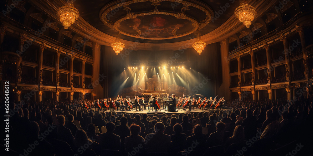 entire orchestra, in a historic concert hall, chandeliers overhead ...