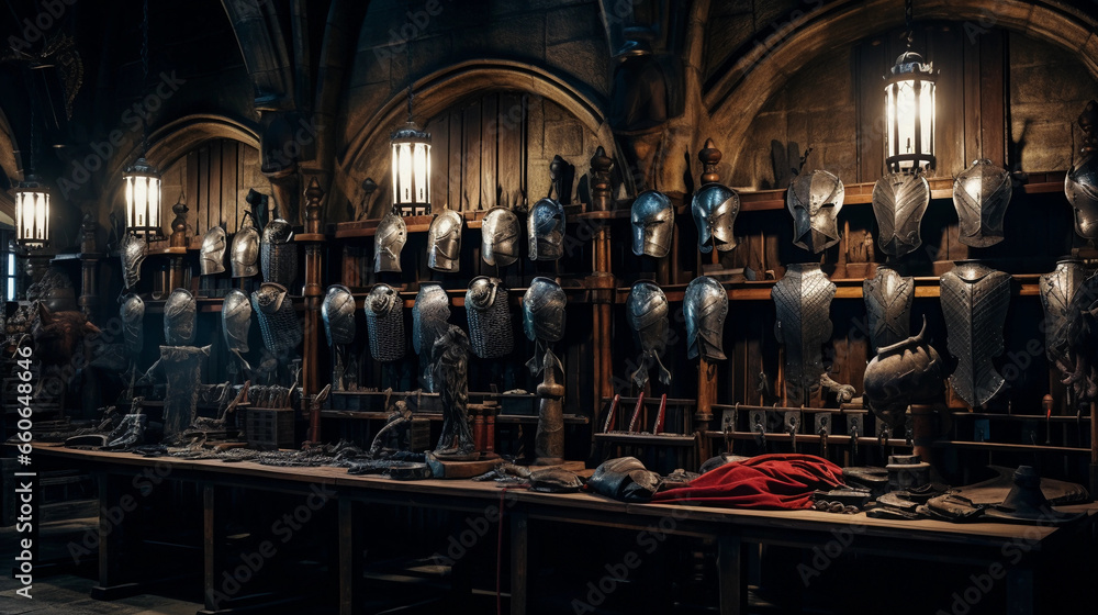 Inside a medieval castle's armory, hyper - realistic, detailed shot of ...