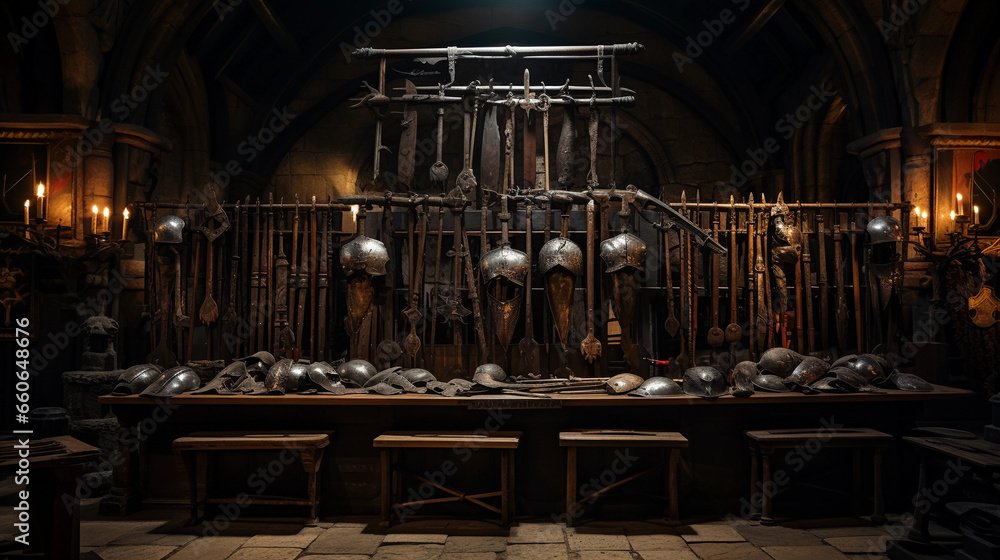 Inside a medieval castle's armory, hyper - realistic, detailed shot of ...