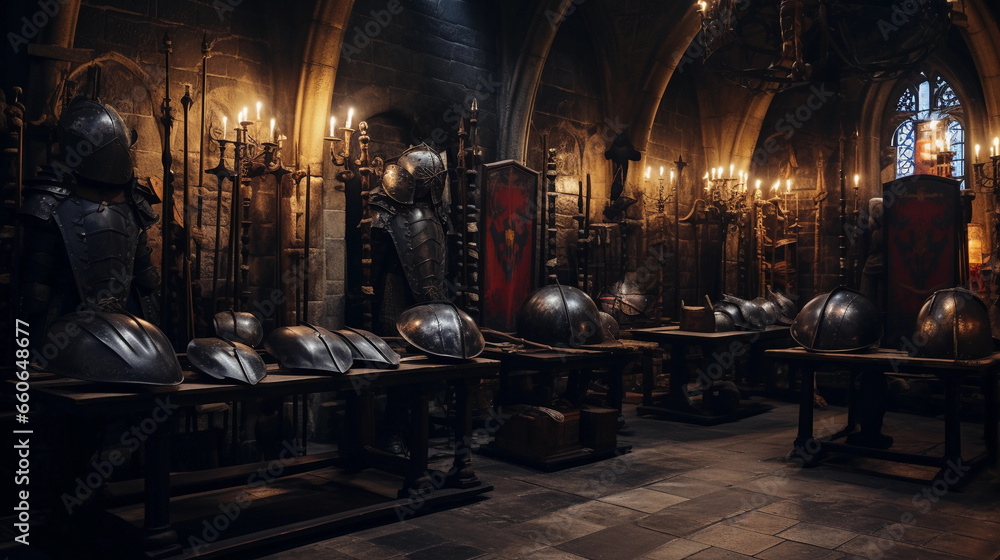 Inside a medieval castle's armory, hyper - realistic, detailed shot of ...