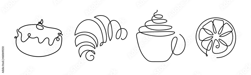 Continuous one line drawing croissant, lemon, donut, hot drink cup. Tea ...