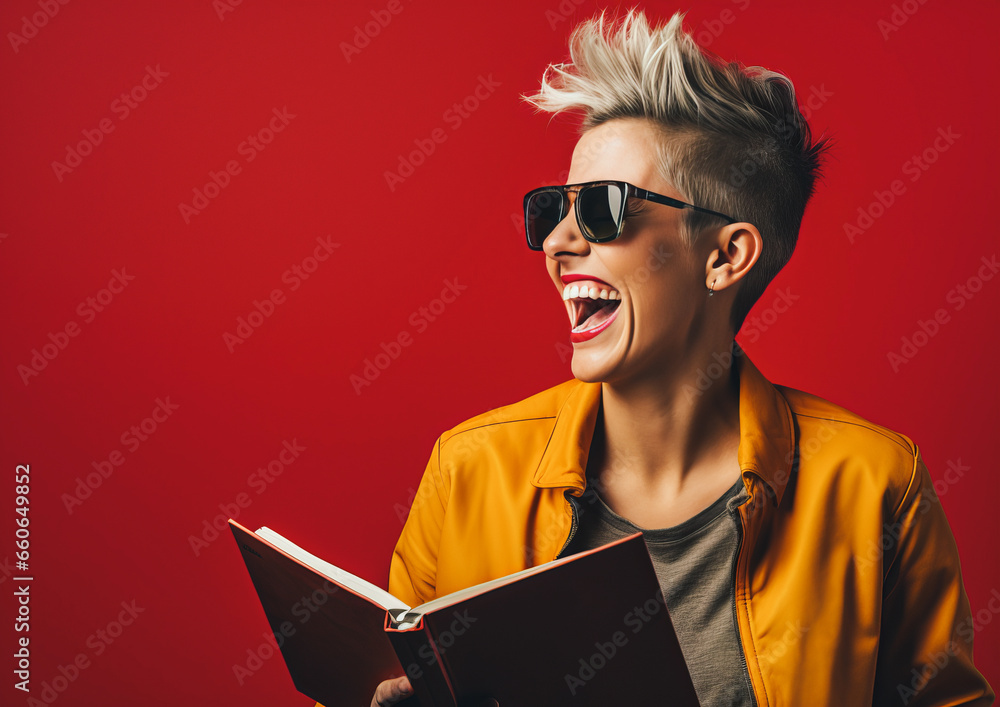 A female teacher with short hair in a punk rock style sits on a pile of ...