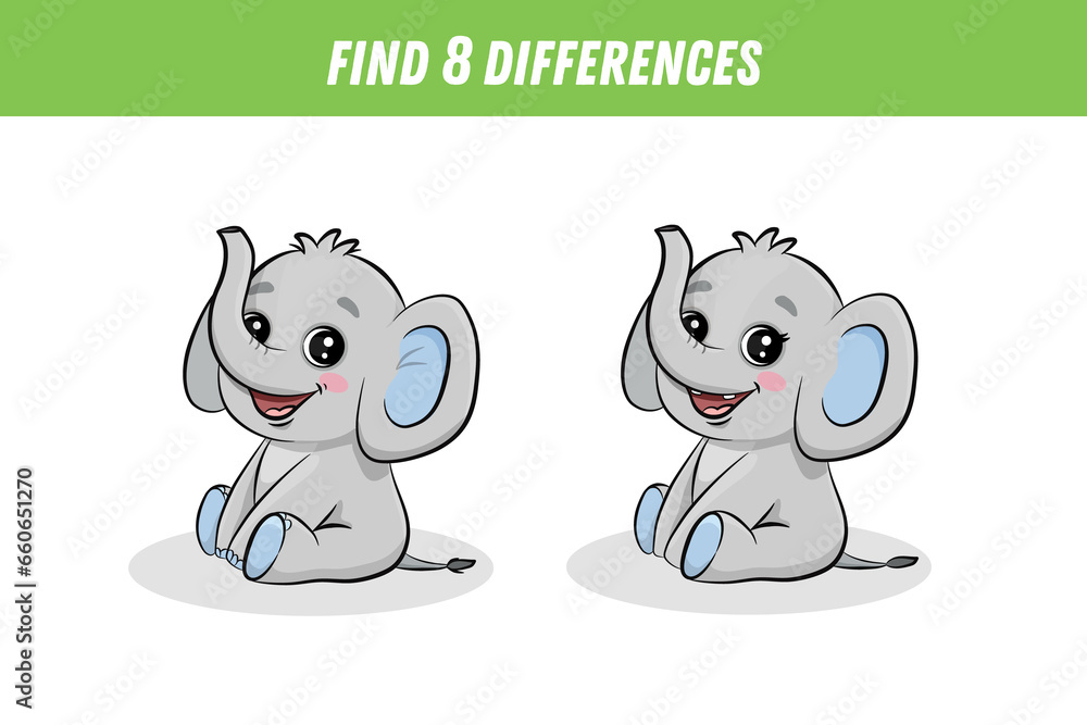 Find 8 differences between two pictures of cute elephant. Cartoon ...