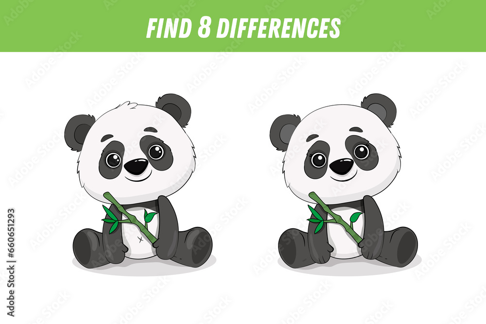Find 8 differences between two pictures of cute panda. Cartoon panda ...