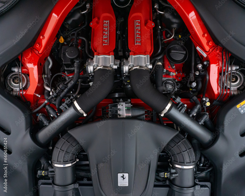 Ferrari Portofino full engine bay view, v8 turbo engine, red details ...