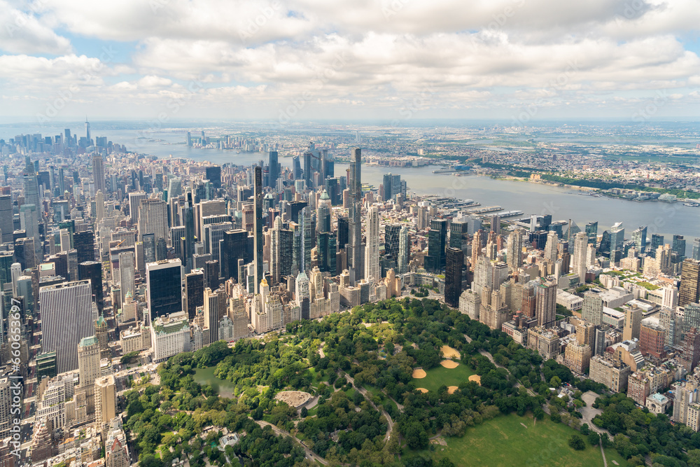 Aerial panoramic city view of Midtown Manhattan neighborhoods towards ...