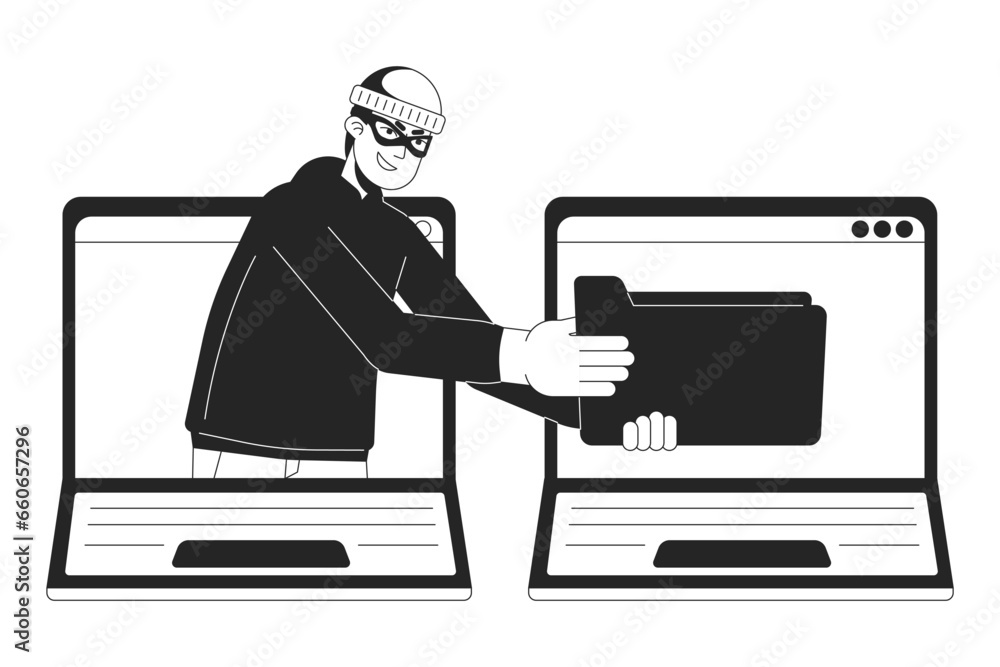 Thief stealing data from laptop bw concept vector spot illustration ...