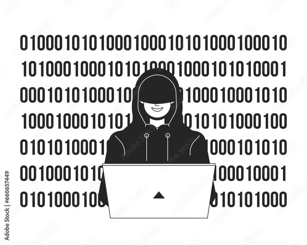 Hacker in hood coding bw concept vector spot illustration. Man with ...