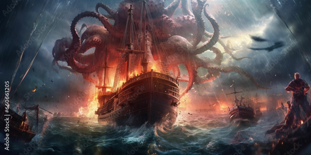 Giant Kraken Octopus Attack Pirate Ship with Thunderstorm Background. Cthulhu Illustration Stock ...