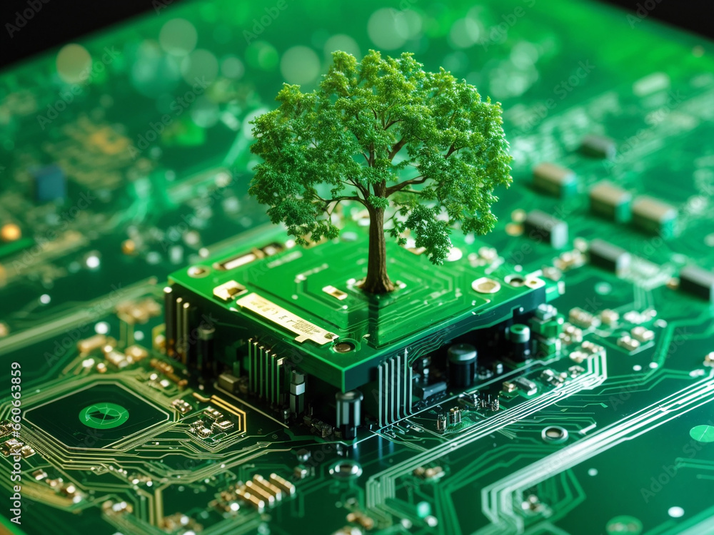 Green tree growing on the converging point of computer circuit board ...