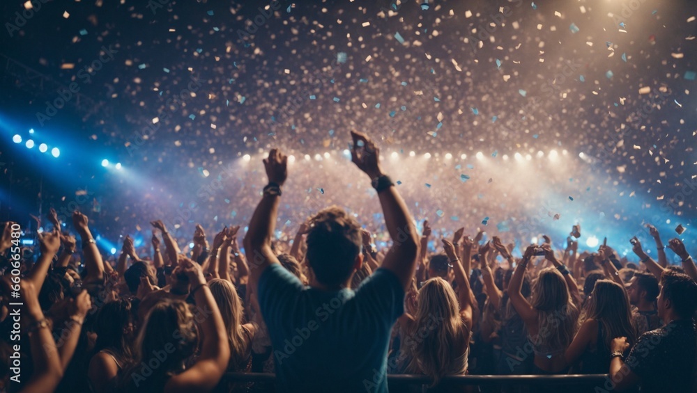 Live, rock concert, party, festival night club crowd cheering, stage ...