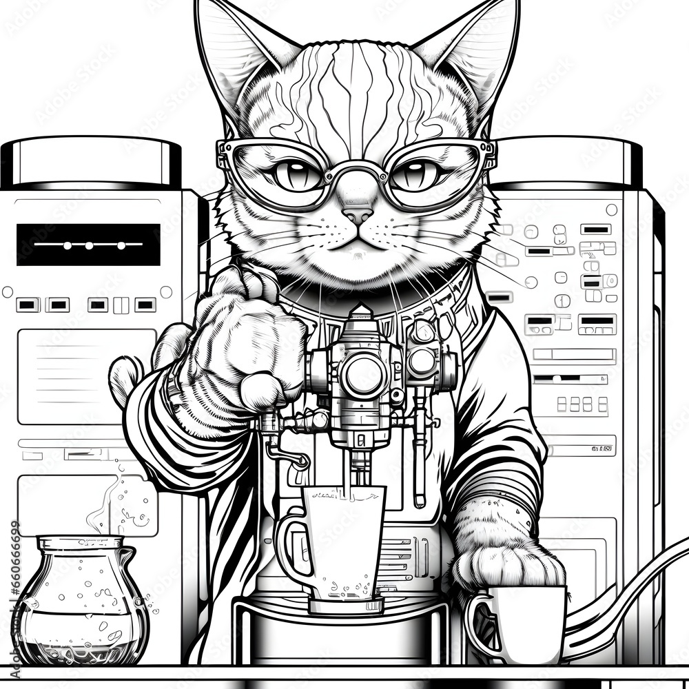 coloring page for kids synthwave cat barista clean line art white ...