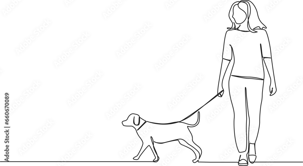 continuous single line drawing of woman walking her dog, line art ...