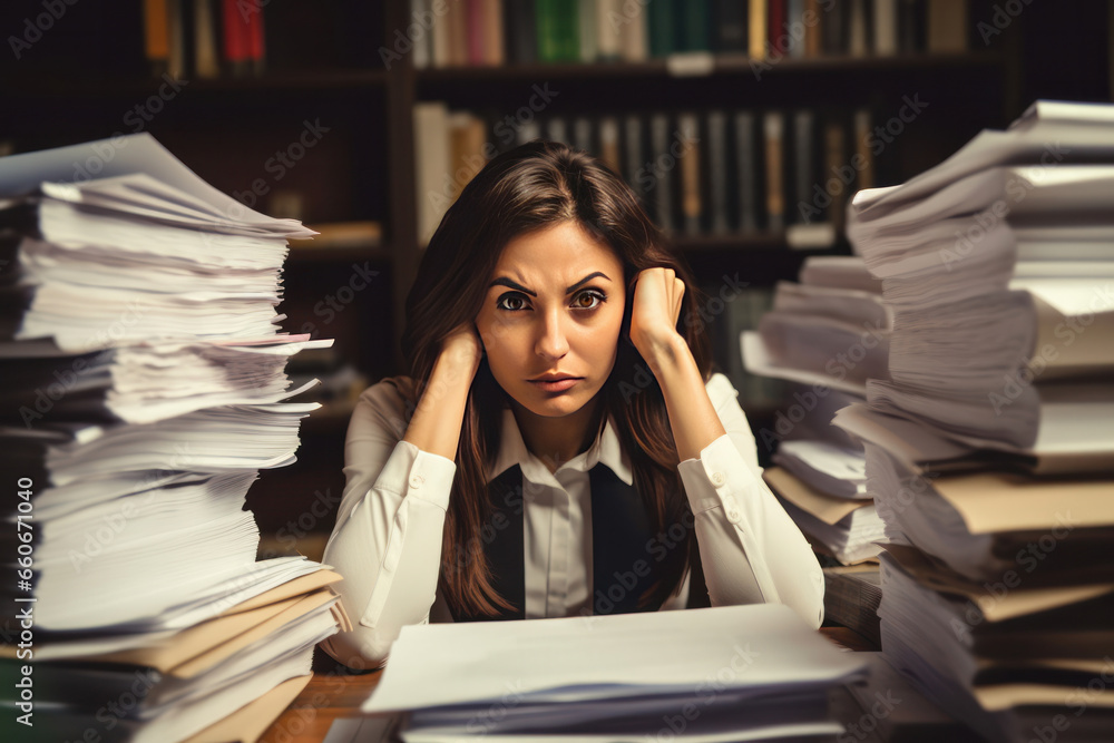 An overworked young woman at a desk. She sits depressed at her ...