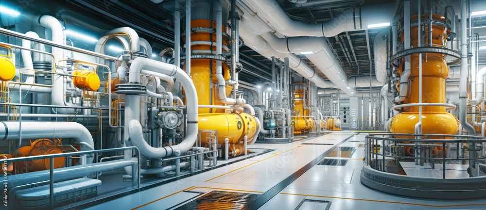 Interior of hydrogen production and processing plant, large storage ...