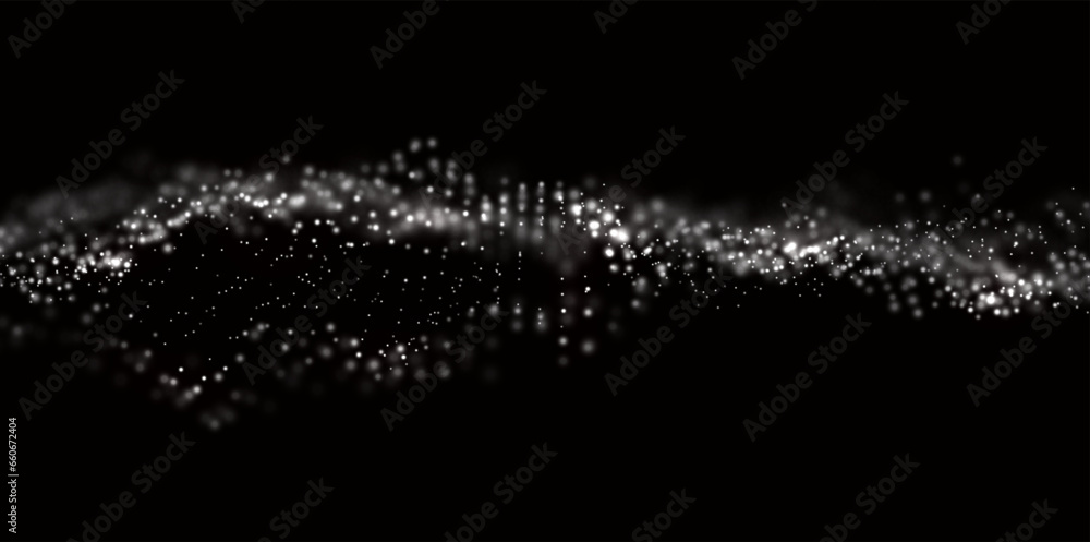 Wave of white particles. Abstract technology flow background. Sound ...