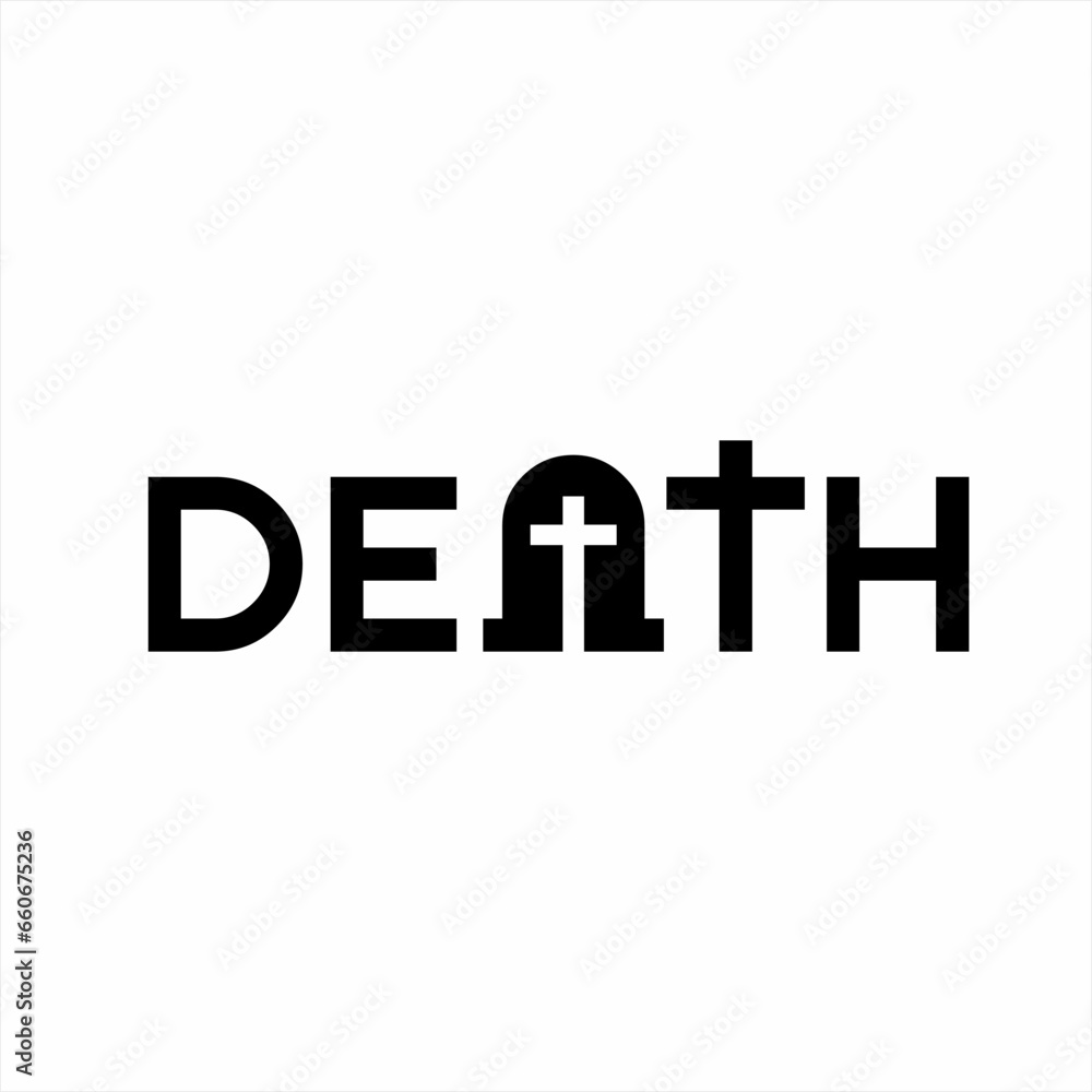 Design of the word "Death" with a tombstone silhouette on the letter A ...