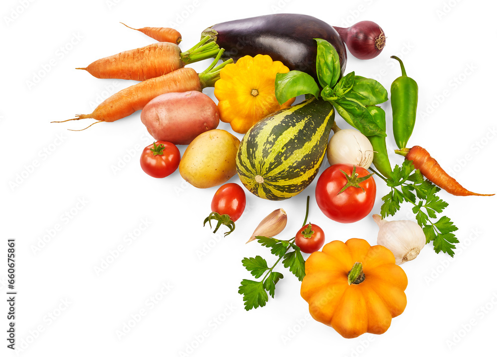 Organic farm Vegetables. Fresh fruits and vegetables, herbs still life ...