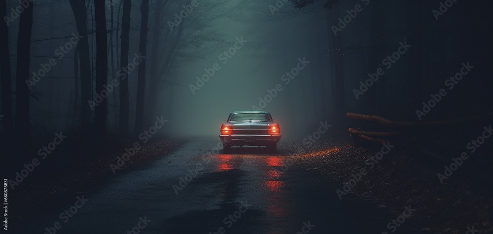 1970s car facing away from camera parked in middle of road in foggy ...