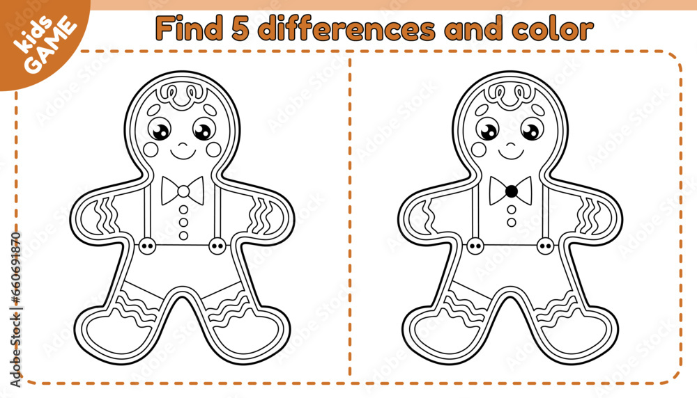 Kids game Find 5 differences with cartoon Christmas gingerbread man ...