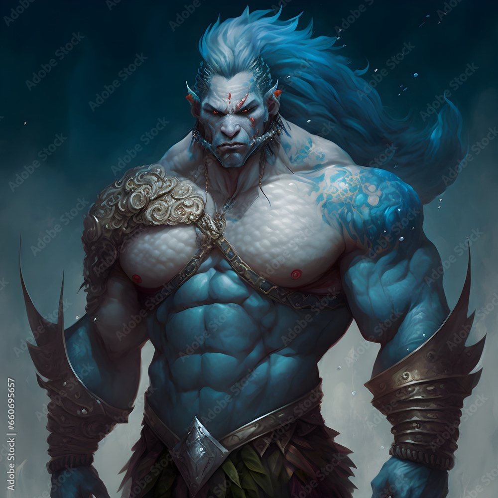 dnd merman blue fish scales muscular warrior behemoth character art ...