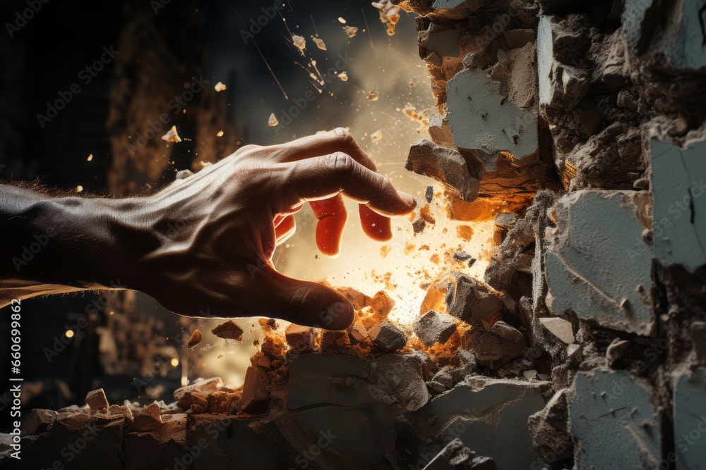 Hand breaking through a brick wall. Beyond all limits. Generative AI ...