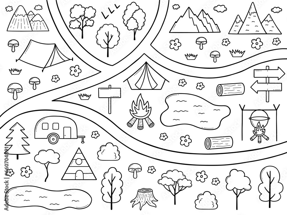 Kids camping map doodle. Village map with mountains, forest, roads ...