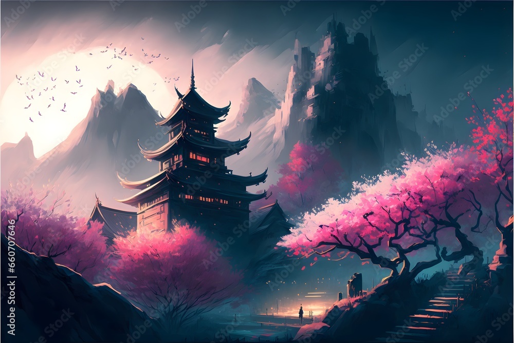 panorama medieval japanese castle ruins floating misty carst warm ...