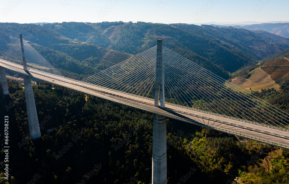 View from drone of Vila Real Bridge, modern cable-stayed suspension ...