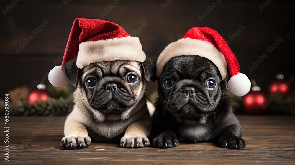Cute Christmas card two baby pugs with Santa hats on. Stock ...
