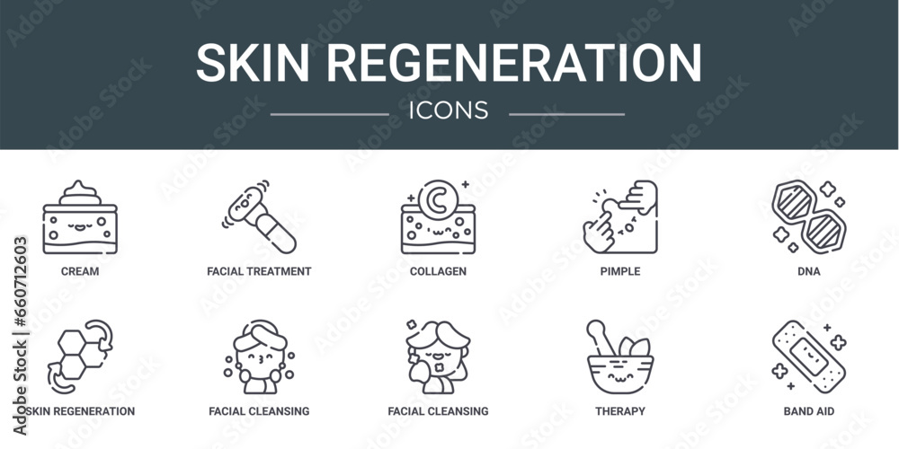 set of 10 outline web skin regeneration icons such as cream, facial ...
