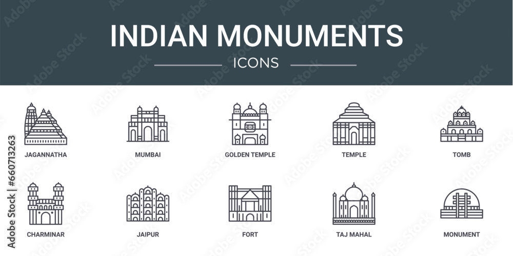 set of 10 outline web indian monuments icons such as jagannatha, mumbai ...