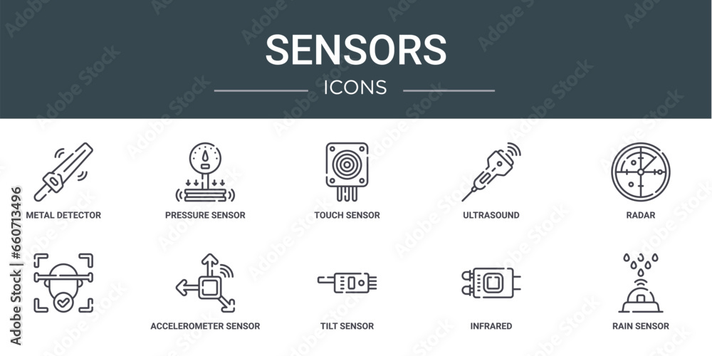 set of 10 outline web sensors icons such as metal detector, pressure ...