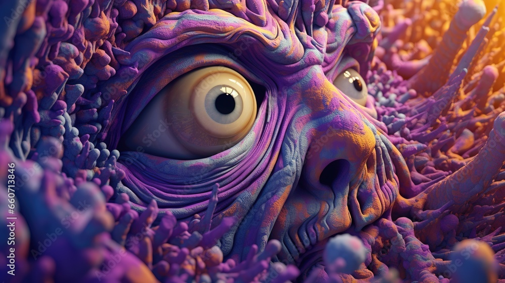 This 3D rendered artwork depicts a collection of unique monsters, each ...