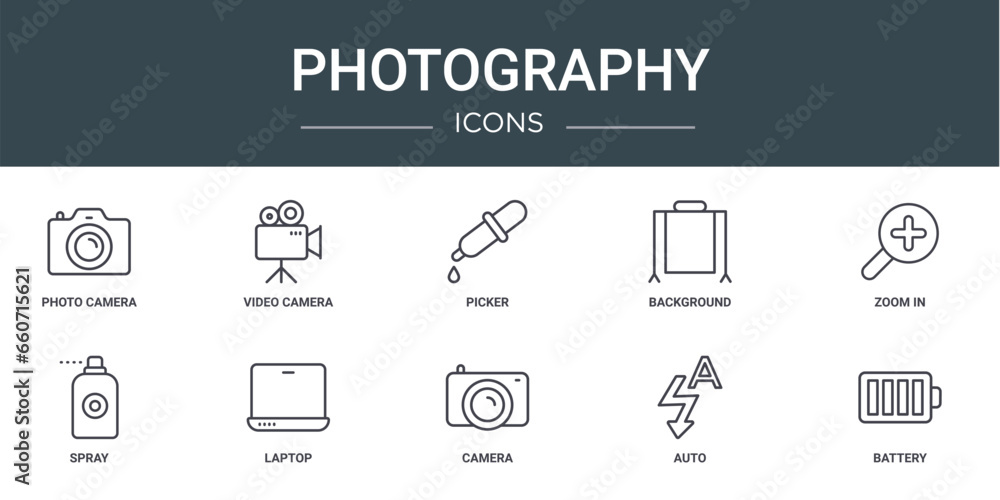 set of 10 outline web photography icons such as photo camera, video ...
