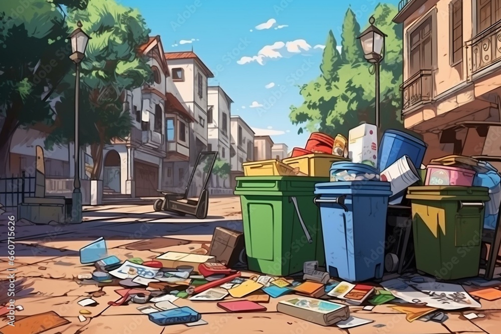 A heap of trash in a deserted urban landscape with plastic waste bins ...