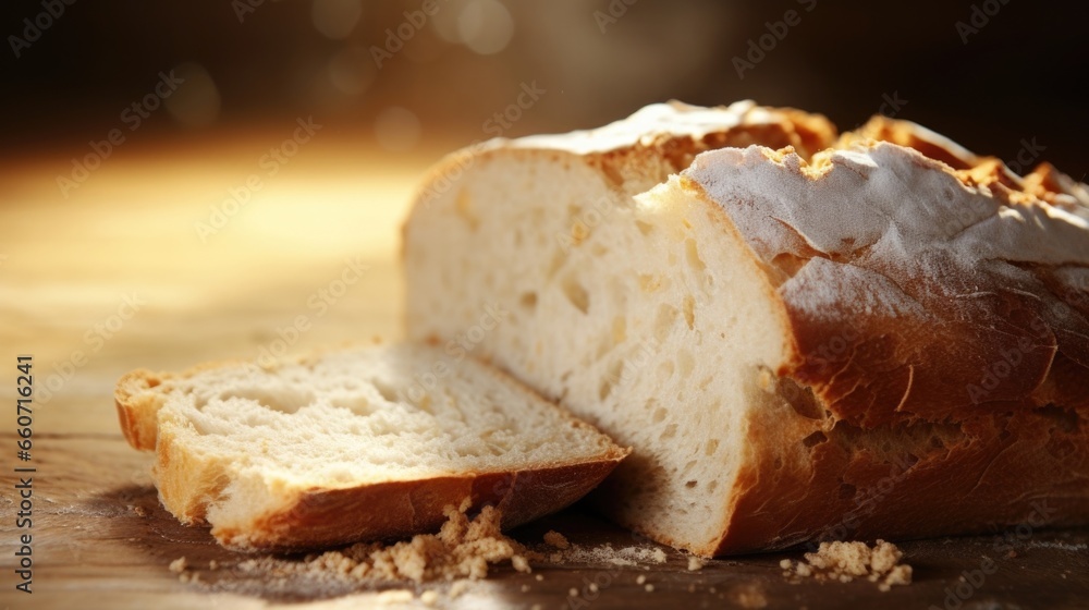 Closeup of a piece of bread torn in half, symbolizing the act of ...