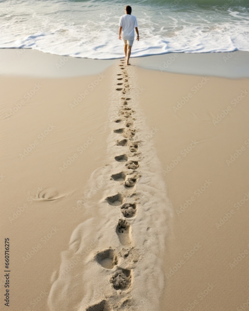 Concept photo of a person walking foot on the beach, following a set of ...