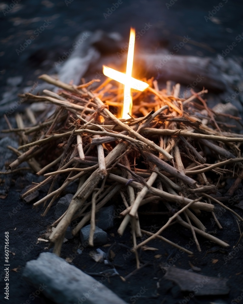 Concept photo of a cross made from sticks and twine, p in the center of ...