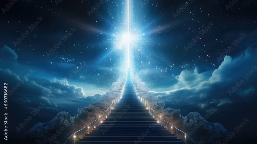 Concept photo of a staircase made of interwoven beams of light, leading ...