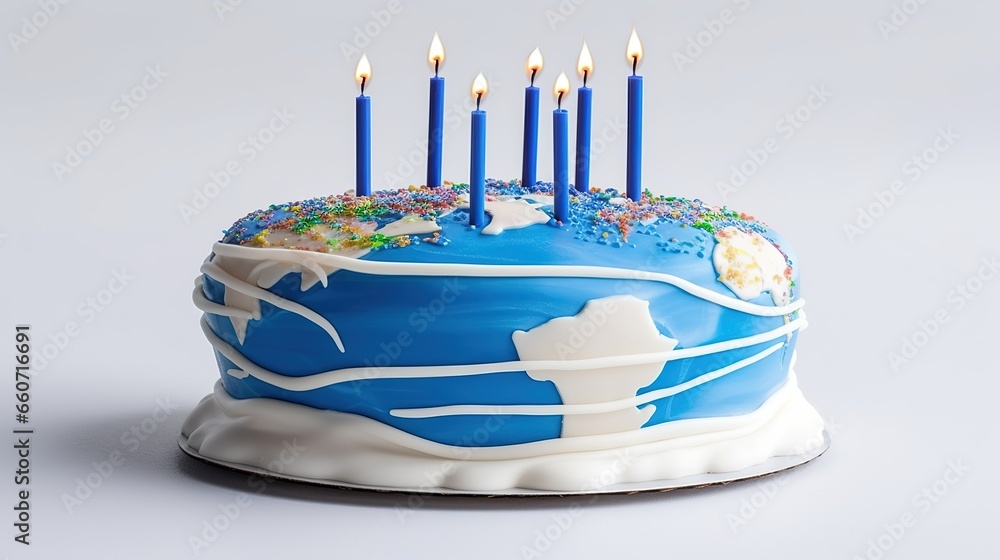World map. Cake with continents of planets and burning candles. Cake ...