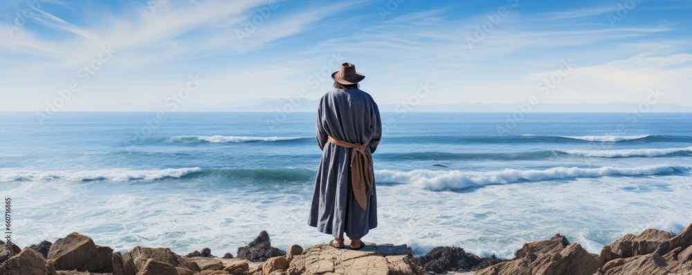 Concept photo of a pilgrim gazing out at a vast and serene ocean ...