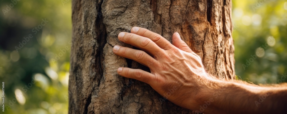 Closeup of a persons hand gently touching the trunk of an old oak tree ...