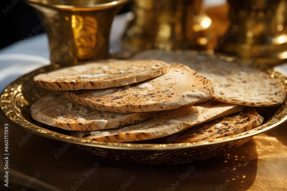 Closeup of a paten, holding small pieces of bread, serving as a ...