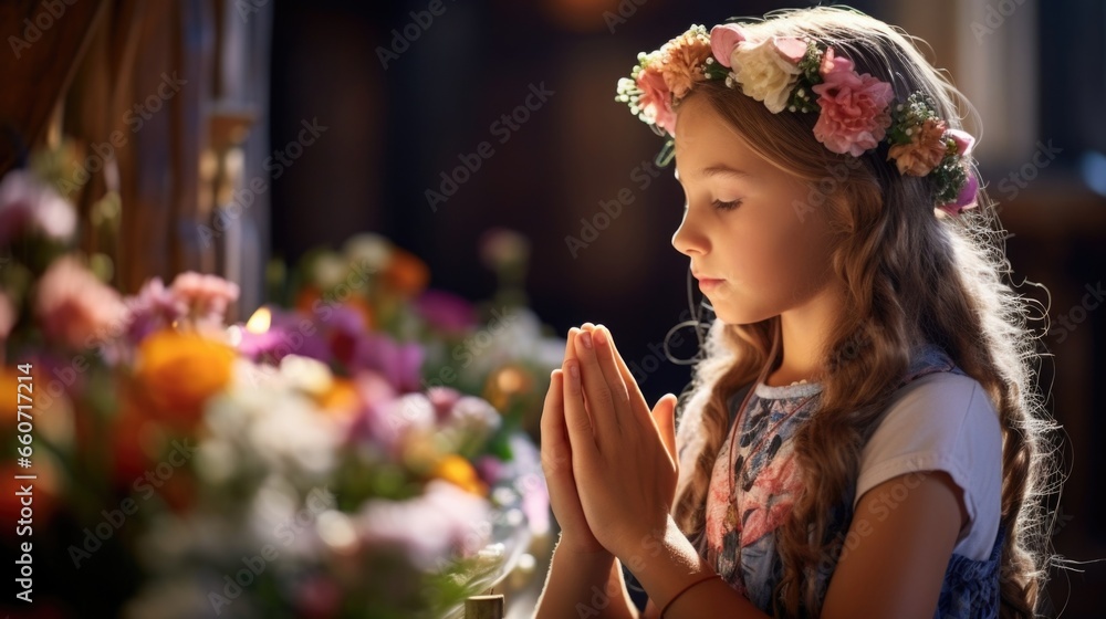 Closeup of a young girl, eyes closed and hands folded in prayer, as she ...