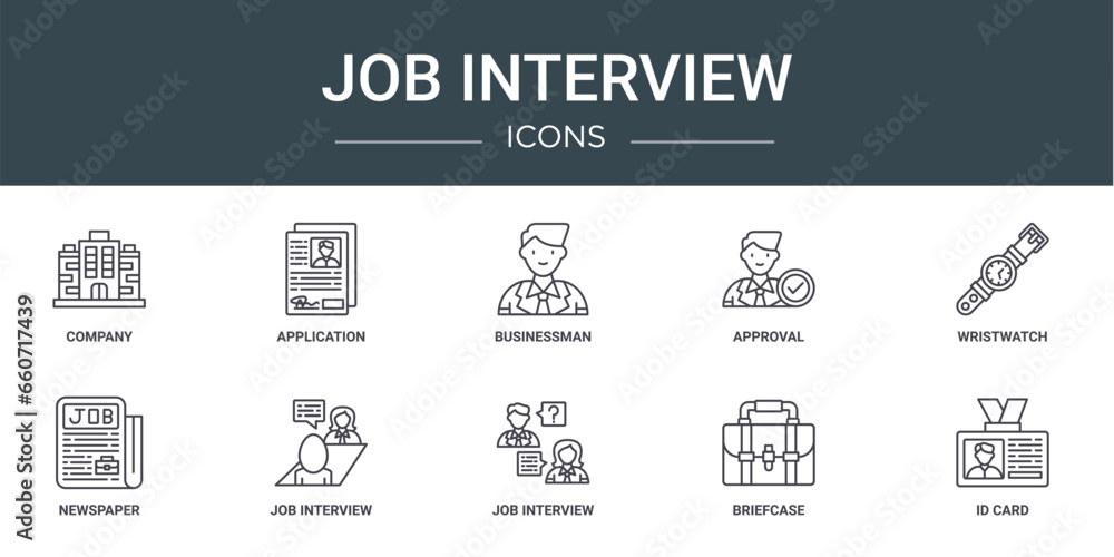set of 10 outline web job interview icons such as company, application ...